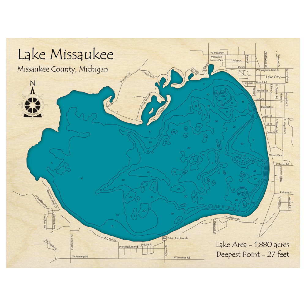 Lake Missaukee, Michigan 3D Custom Wood Map – Lake Art LLC