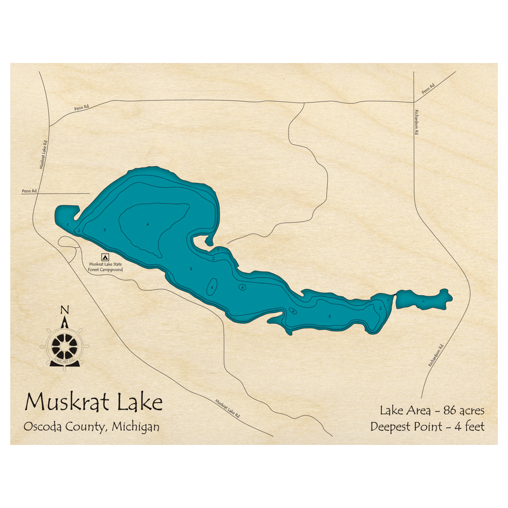Muskrat Lake, Michigan 3D Custom Wood Map – Lake Art LLC