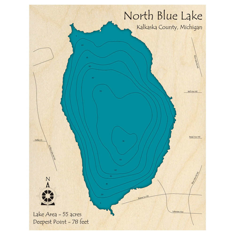 North Blue Lake, Michigan 3D Custom Wood Map – Lake Art LLC