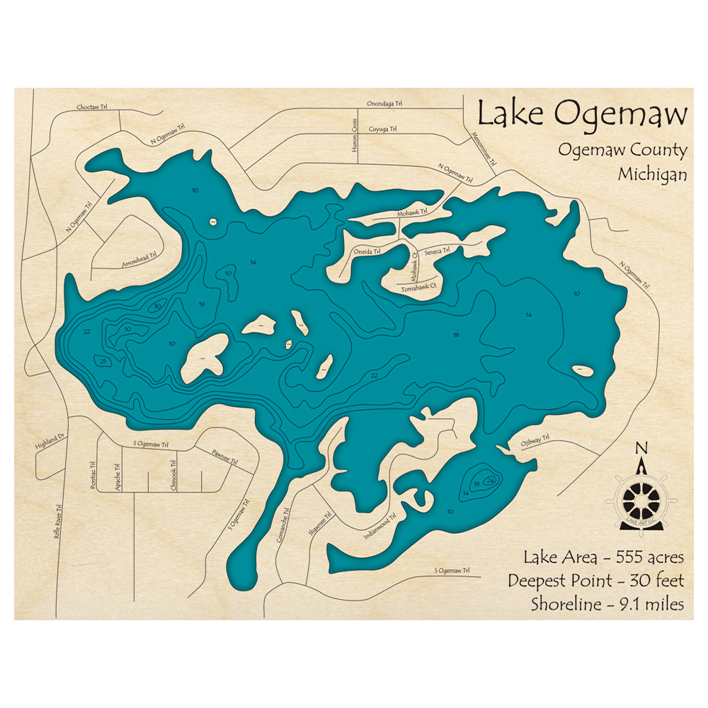 Lake Ogemaw, Michigan 3D Custom Wood Map – Lake Art LLC