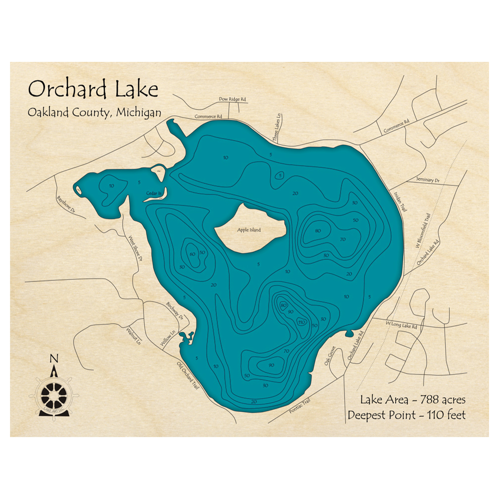 Orchard Lake, Michigan 3D Custom Wood Map – Lake Art LLC