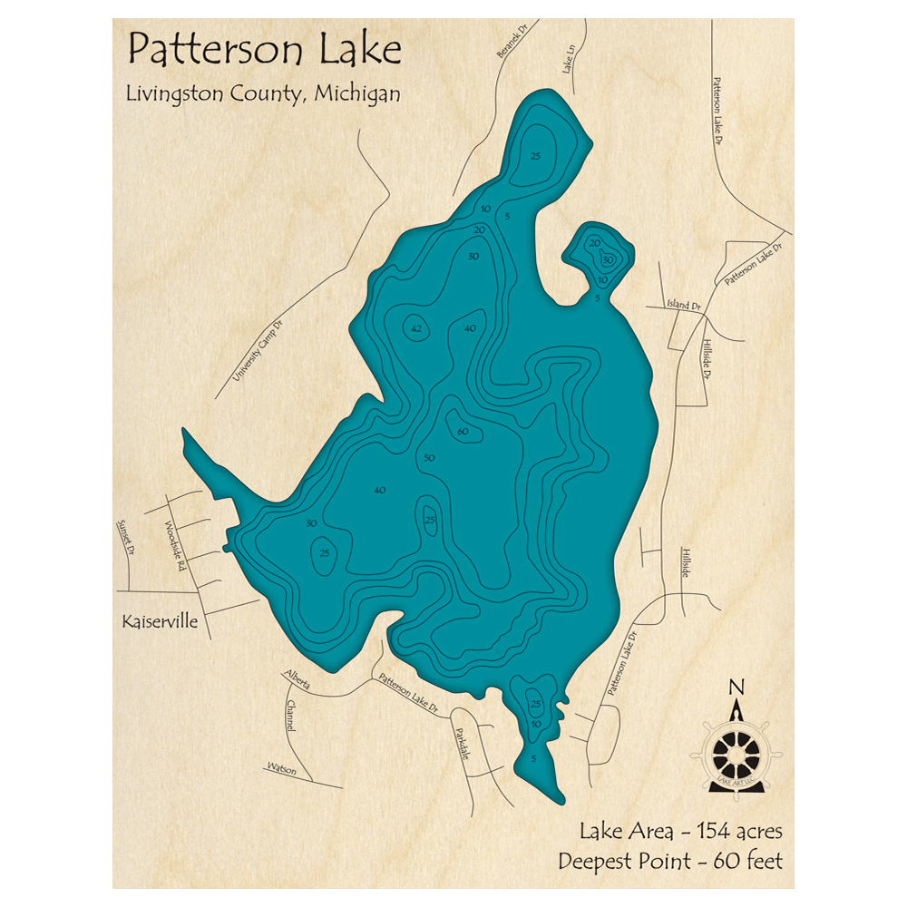 Lake Patterson, Michigan 3D Custom Wood Map – Lake Art LLC