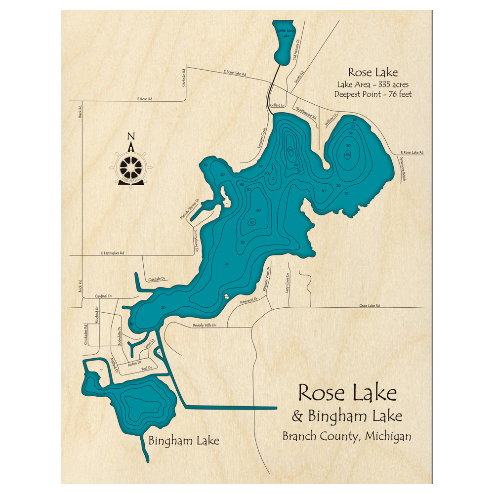 Rose Lake and Bingham Lake, Michigan 3D Custom Wood Map – Lake Art LLC