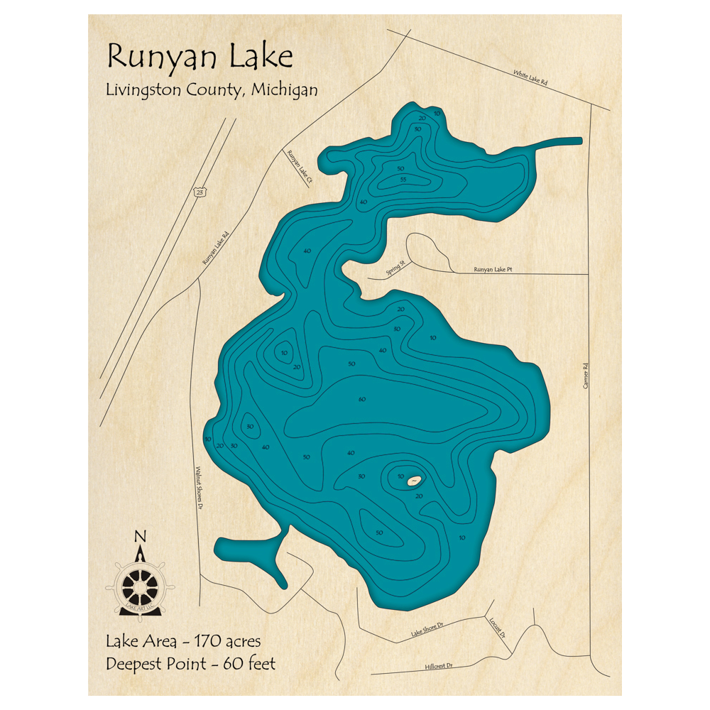 Runyan Lake, Michigan 3D Custom Wood Map – Lake Art LLC