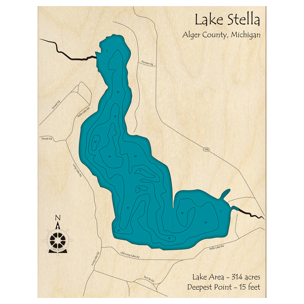Lake Stella, Michigan 3D Custom Wood Map – Lake Art LLC