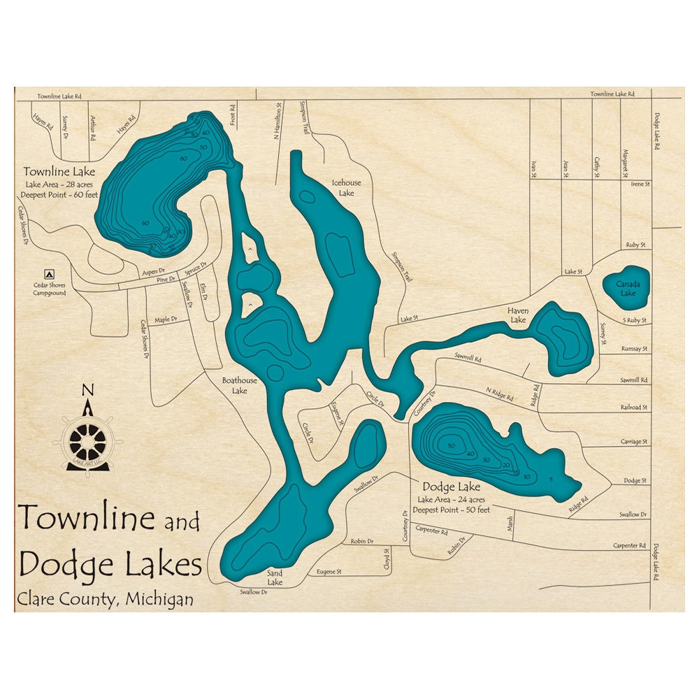Townline Lake, Michigan 3D Custom Wood Map – Lake Art LLC