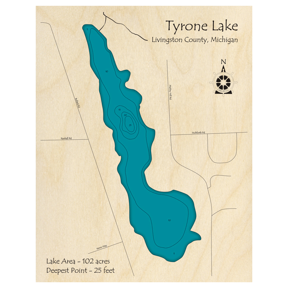 Lake Tyrone, Michigan 3D Custom Wood Map – Lake Art LLC