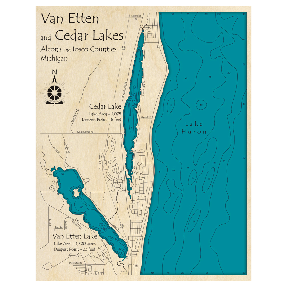 Van Etten and Cedar Lakes, Michigan 3D Custom Wood Map – Lake Art LLC