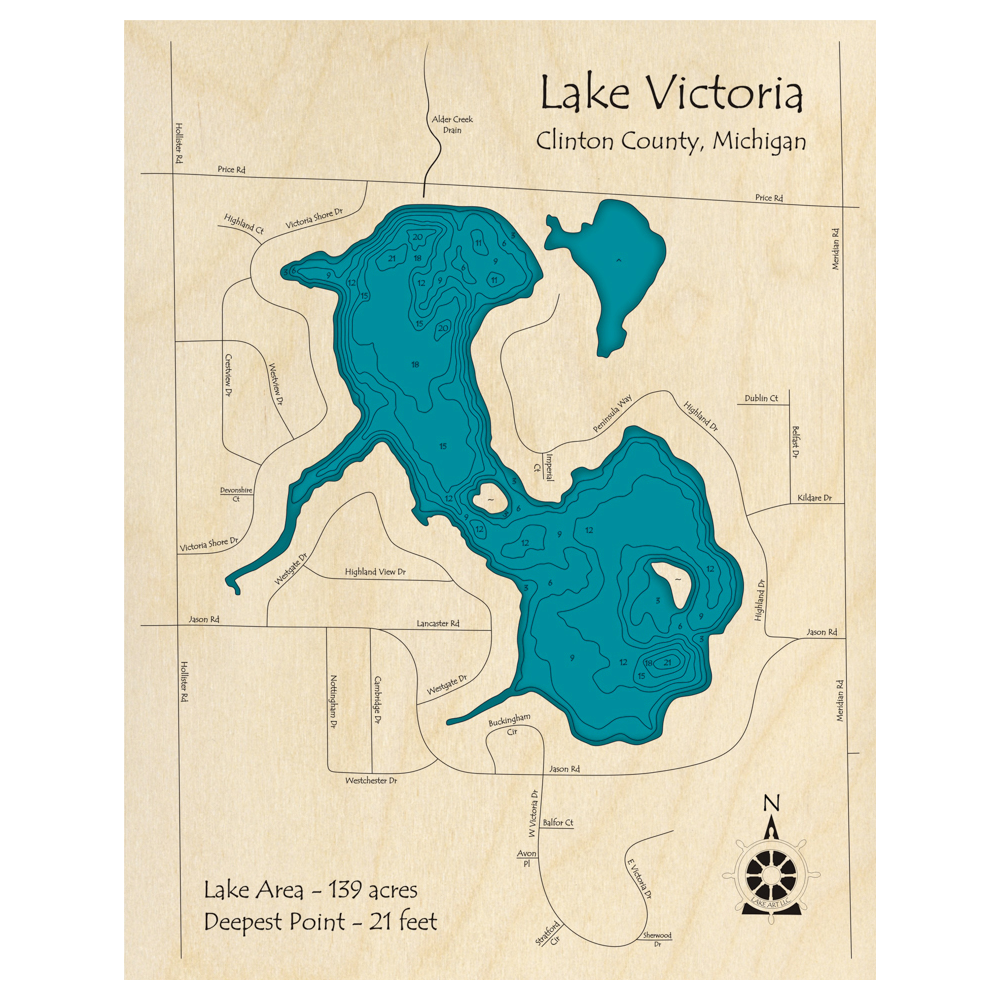 Lake Victoria, Michigan 3D Custom Wood Map – Lake Art LLC