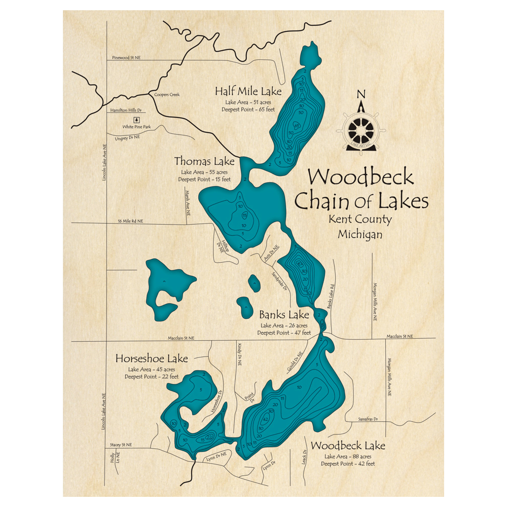 Woodbeck Chain of Lakes, Michigan 3D Custom Wood Map – Lake Art LLC