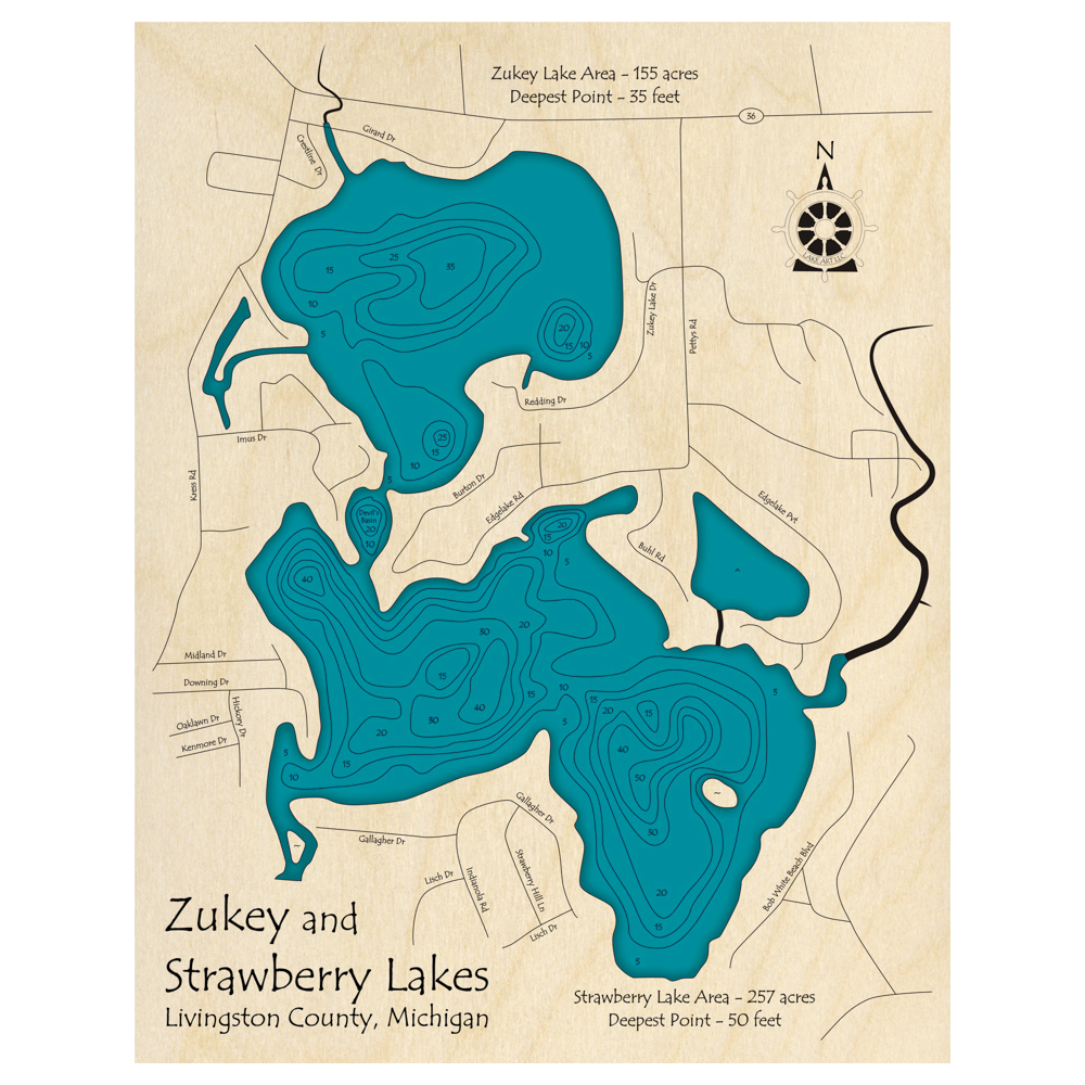 Zukey Lake, Michigan 3D Custom Wood Map – Lake Art LLC