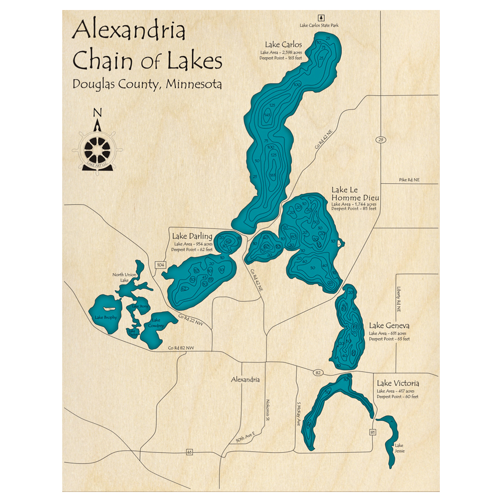 Alexandria Chain of Lakes, Minnesota 3D Custom Wood Map – Lake Art LLC