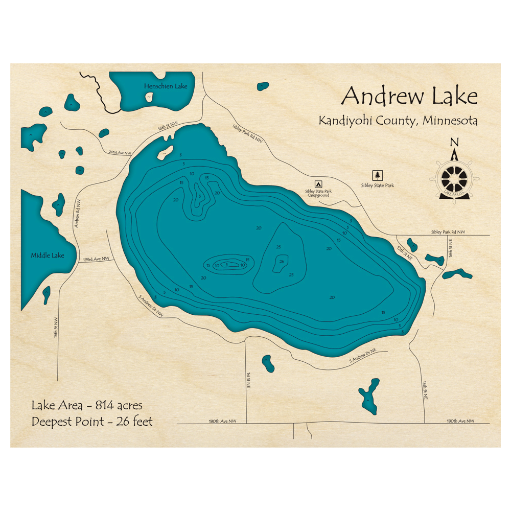 Andrew Lake, Minnesota 3D Custom Wood Map – Lake Art LLC