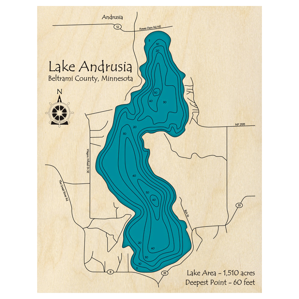 Lake Andrusia, Minnesota 3D Custom Wood Map – Lake Art LLC