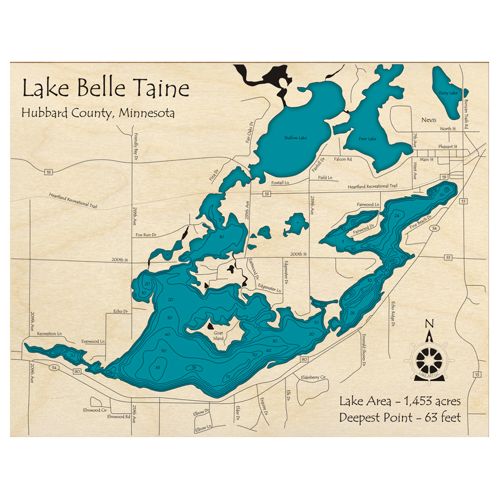 Lake Belle Taine, Minnesota 3D Custom Wood Map – Lake Art LLC