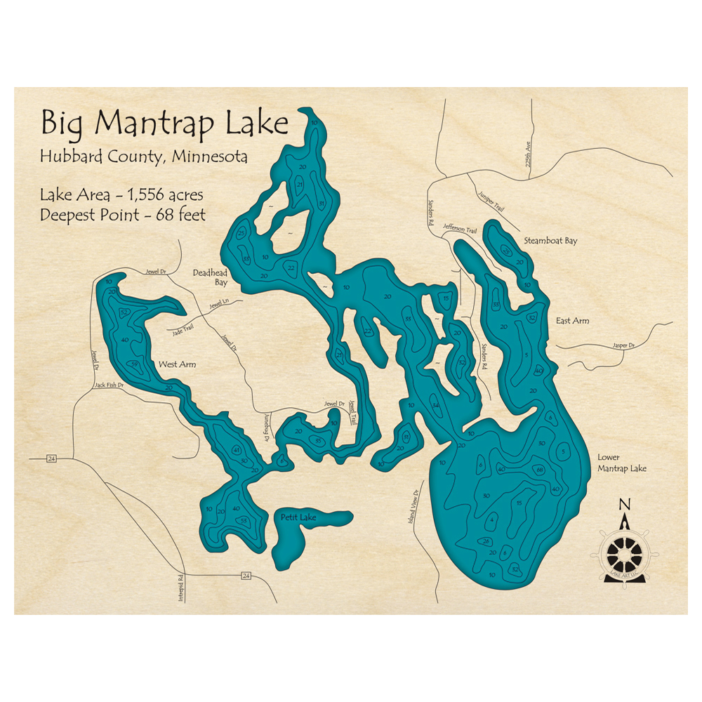 Big Mantrap Lake, Minnesota 3D Custom Wood Map – Lake Art LLC