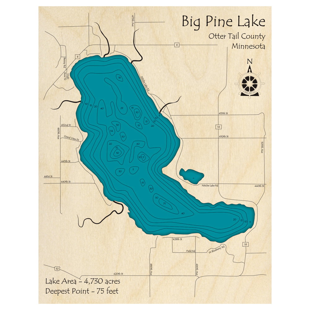 Big Pine Lake, Minnesota 3D Custom Wood Map – Lake Art LLC
