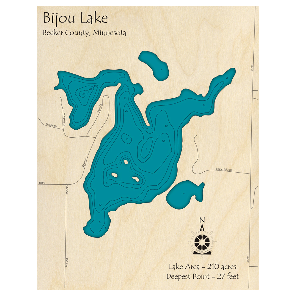Bijou Lake, Minnesota 3D Custom Wood Map – Lake Art LLC