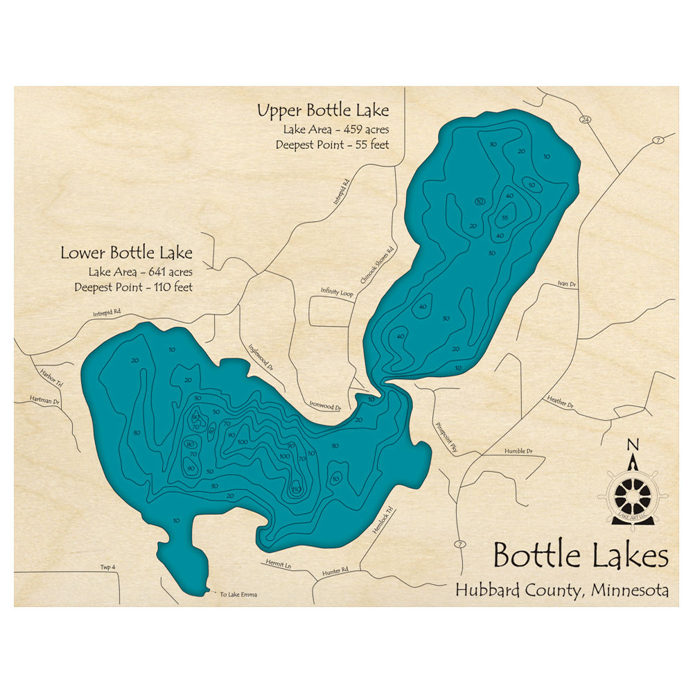 Bottle Lake, Minnesota 3D Custom Wood Map – Lake Art LLC
