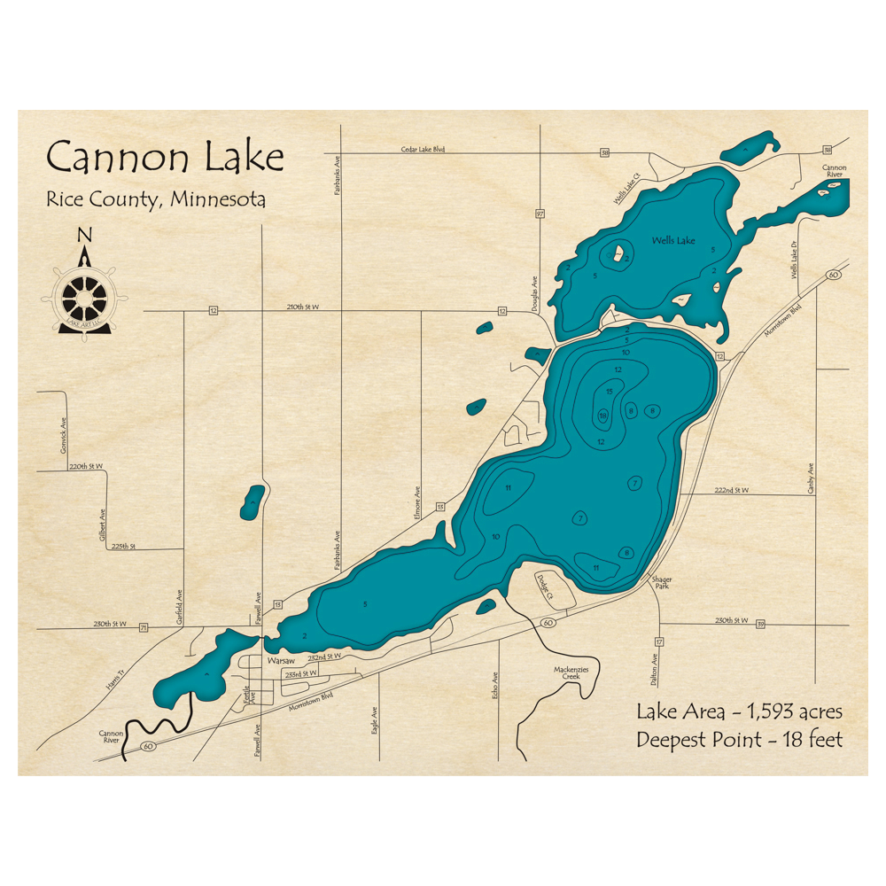 Cannon Lake and Wells Lake, Minnesota 3D Custom Wood Map – Lake Art LLC