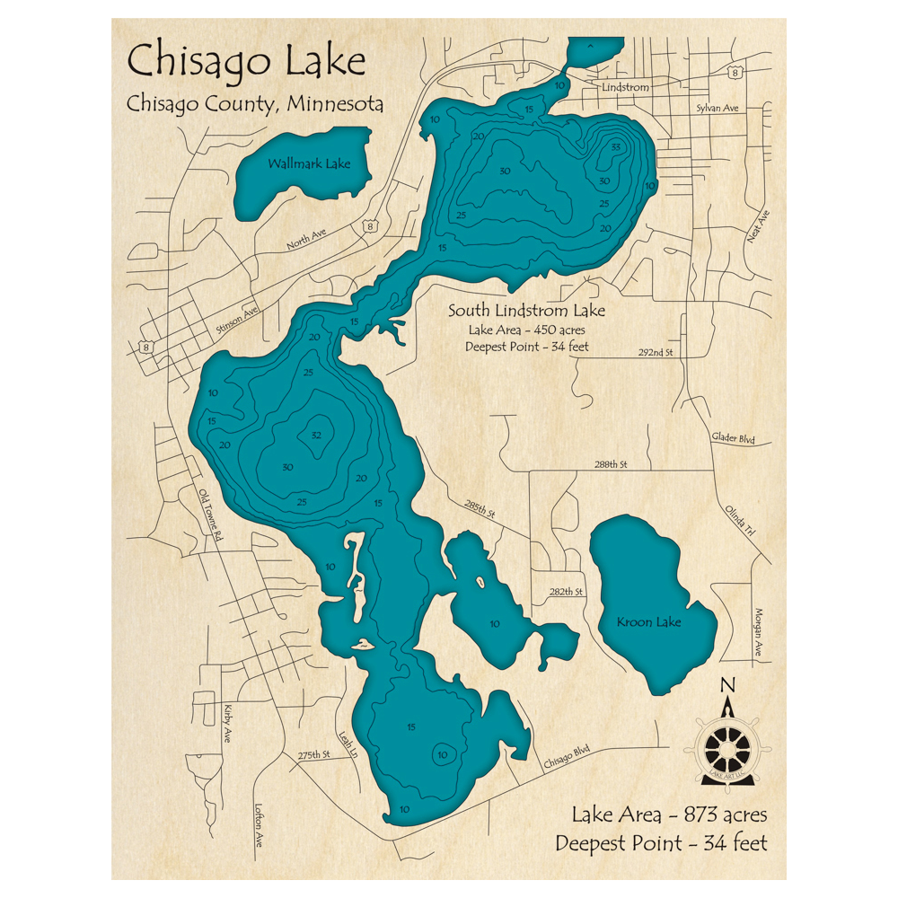 Chisago Lake, Minnesota 3D Custom Wood Map – Lake Art LLC