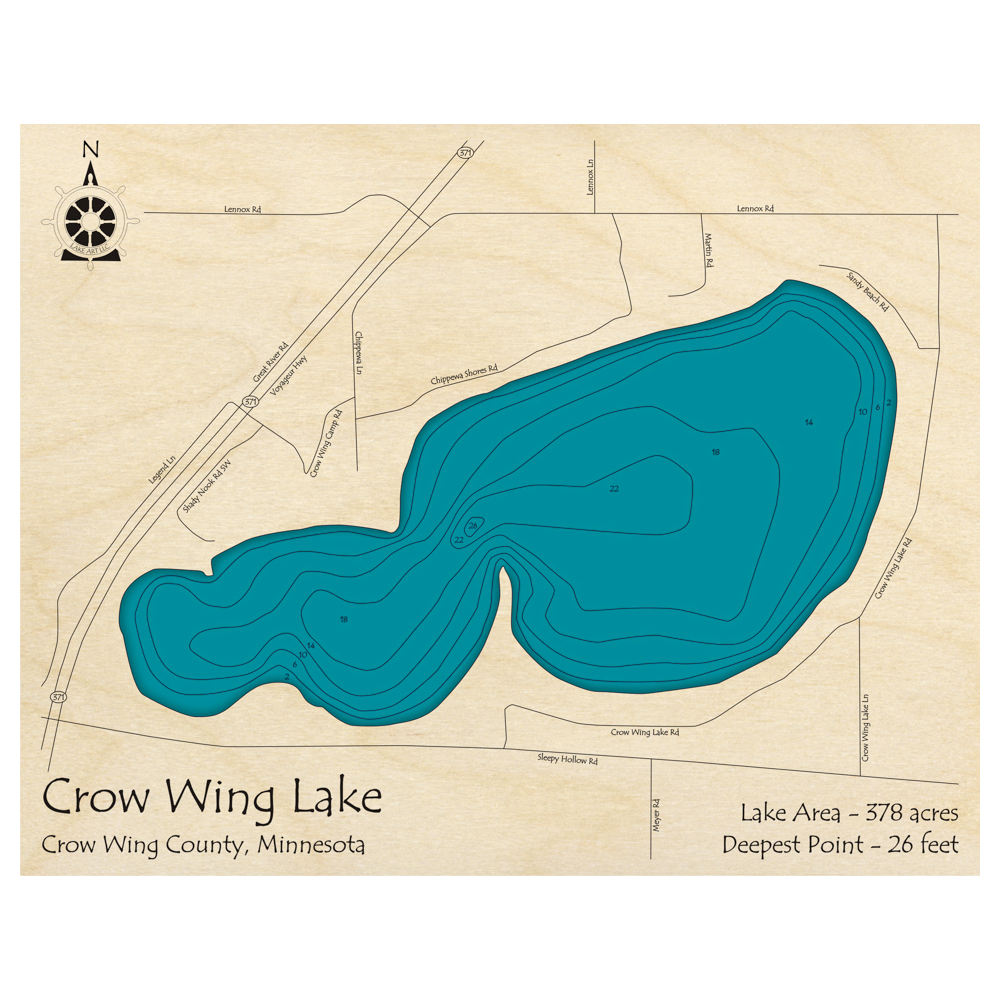 Crow Wing Lake, Minnesota 3D Custom Wood Map – Lake Art LLC