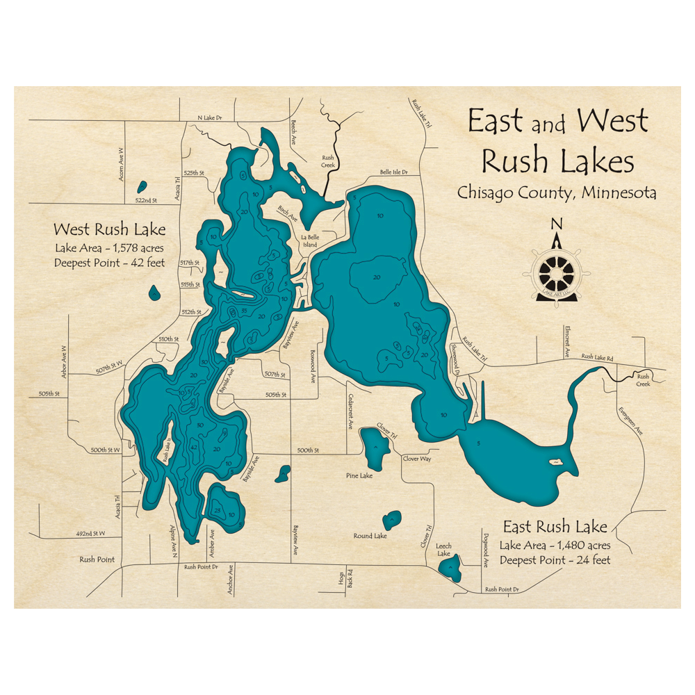 Rush Lakes, Minnesota 3D Custom Wood Map – Lake Art LLC