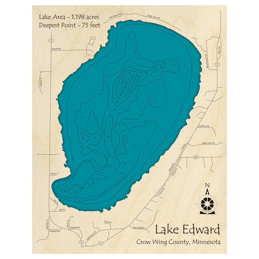 Lake Edward, Minnesota 3D Custom Wood Map – Lake Art LLC