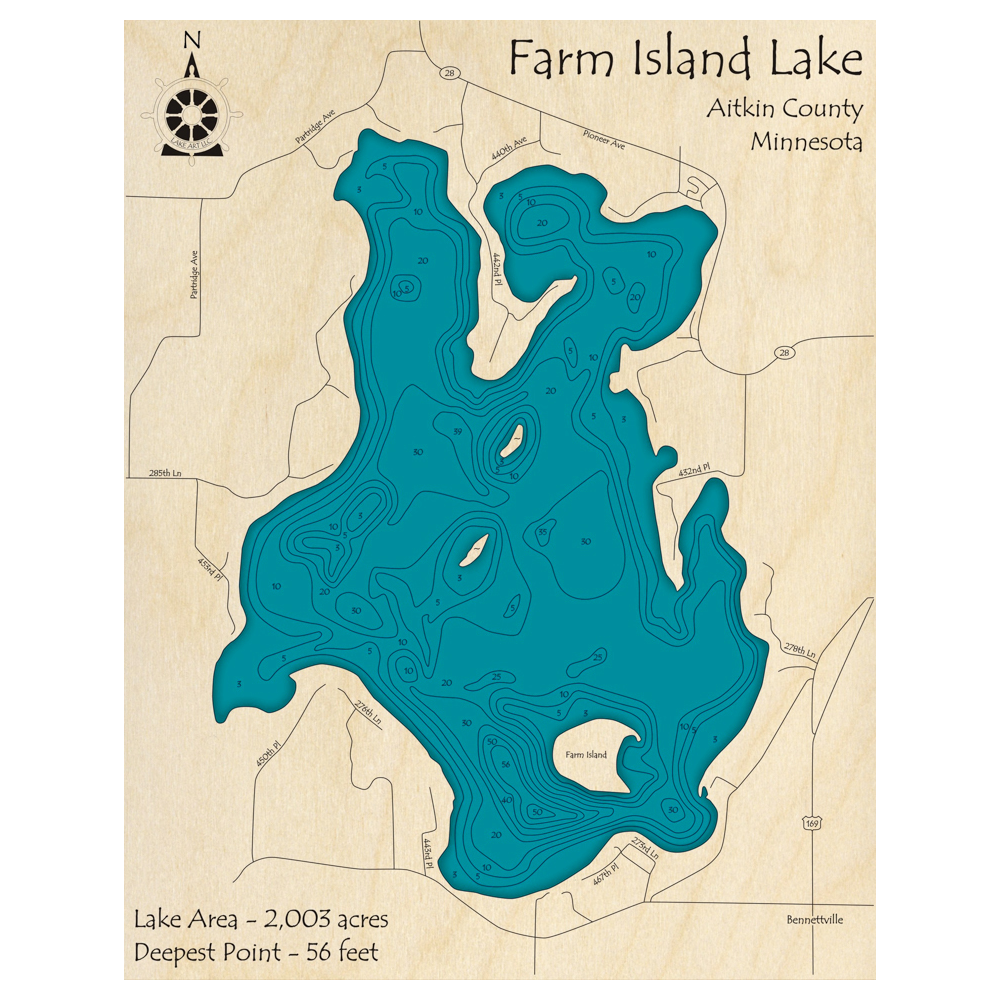 Farm Island Lake, Minnesota 3D Custom Wood Map – Lake Art LLC