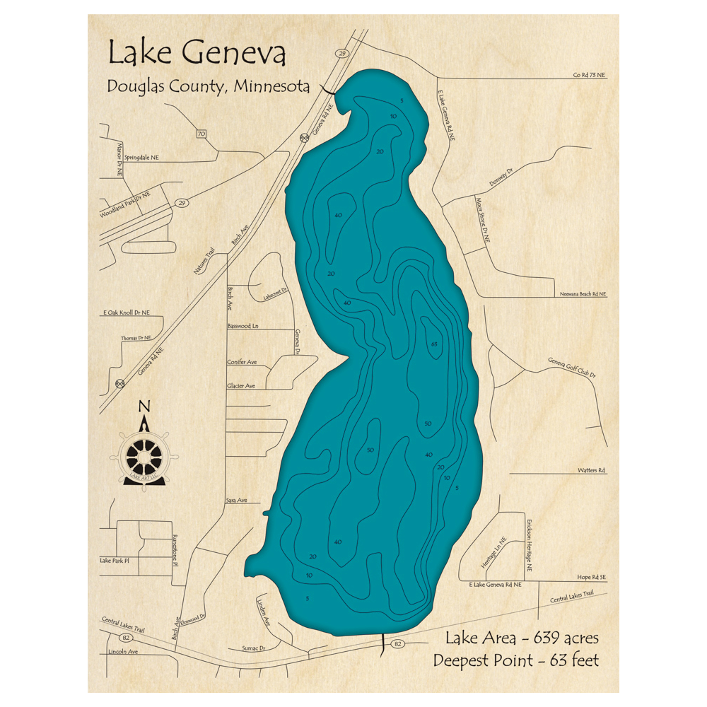 Lake Geneva, Minnesota 3D Custom Wood Map – Lake Art LLC