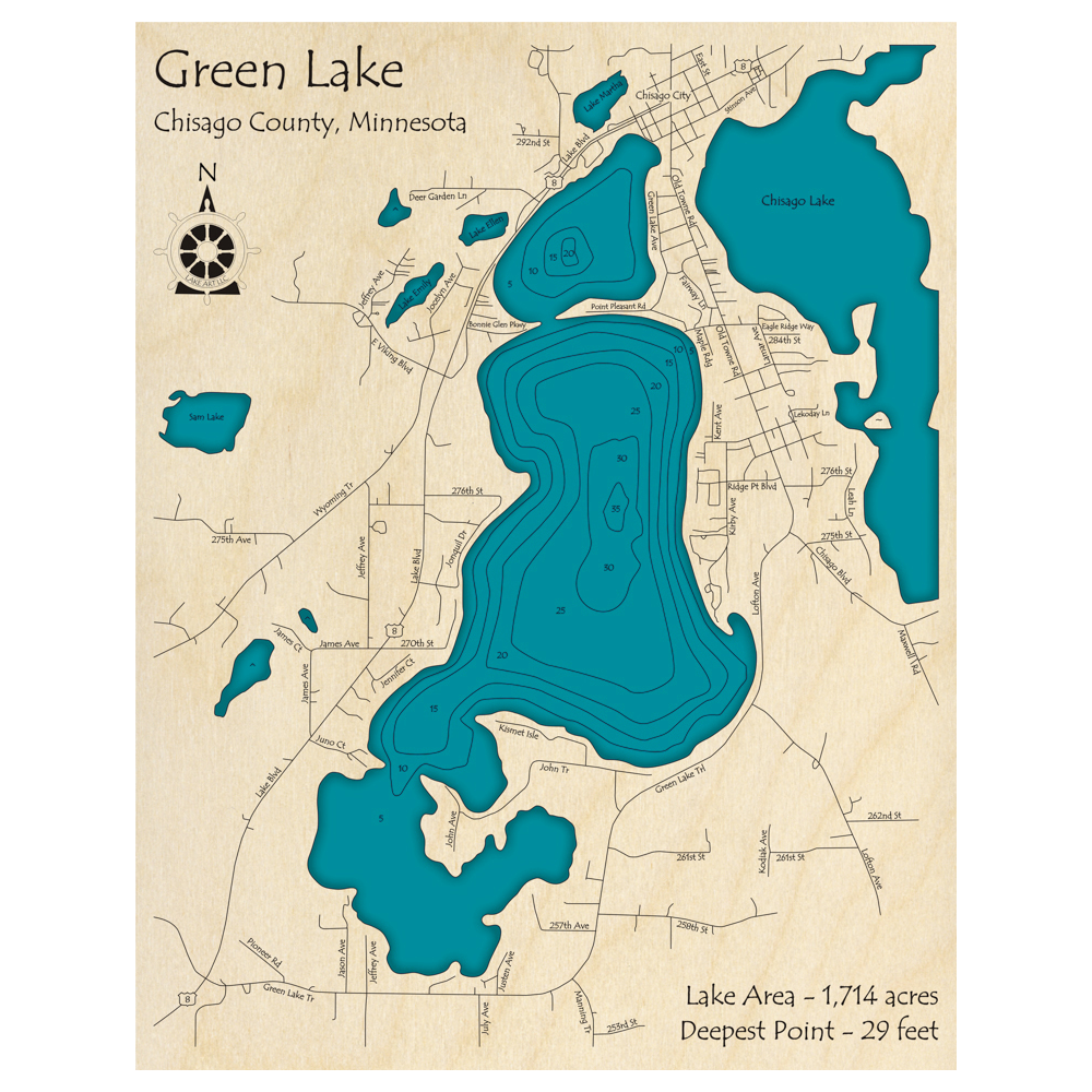 Green Lake, Minnesota 3D Custom Wood Map – Lake Art LLC