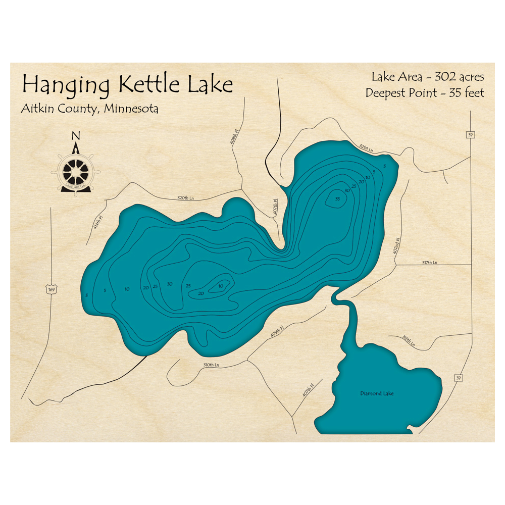 Hanging Kettle Lake, Minnesota 3D Custom Wood Map – Lake Art LLC