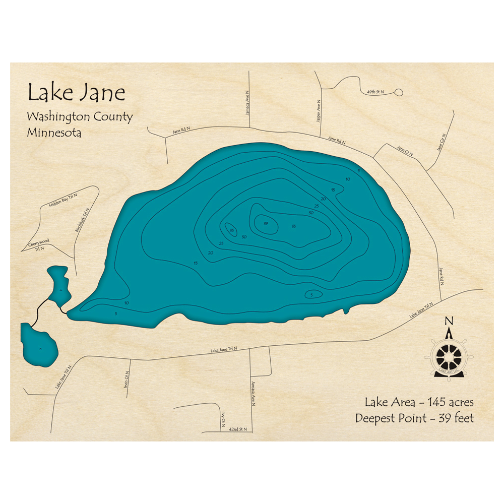 Lake Jane, Minnesota 3D Custom Wood Map – Lake Art LLC