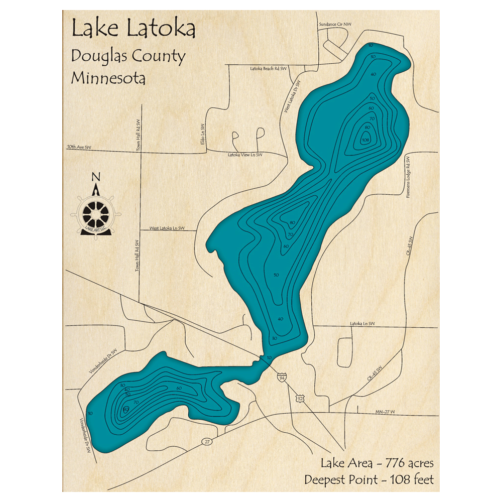 Lake Latoka, Minnesota 3D Custom Wood Map – Lake Art LLC