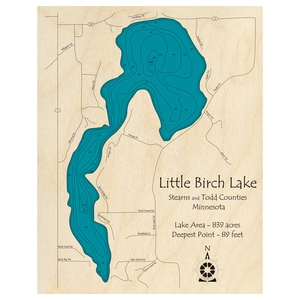 Little Birch Lake, Minnesota 3D Custom Wood Map – Lake Art LLC
