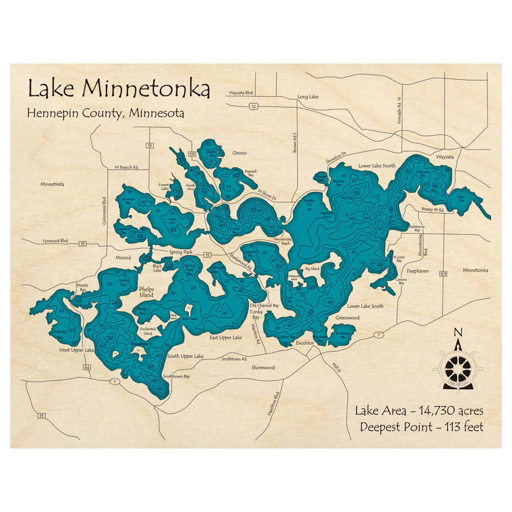 Lake Minnetonka, Minnesota 3D Custom Wood Map – Lake Art LLC