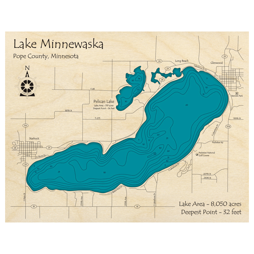Lake Minnewaska, Minnesota 3D Custom Wood Map – Lake Art LLC
