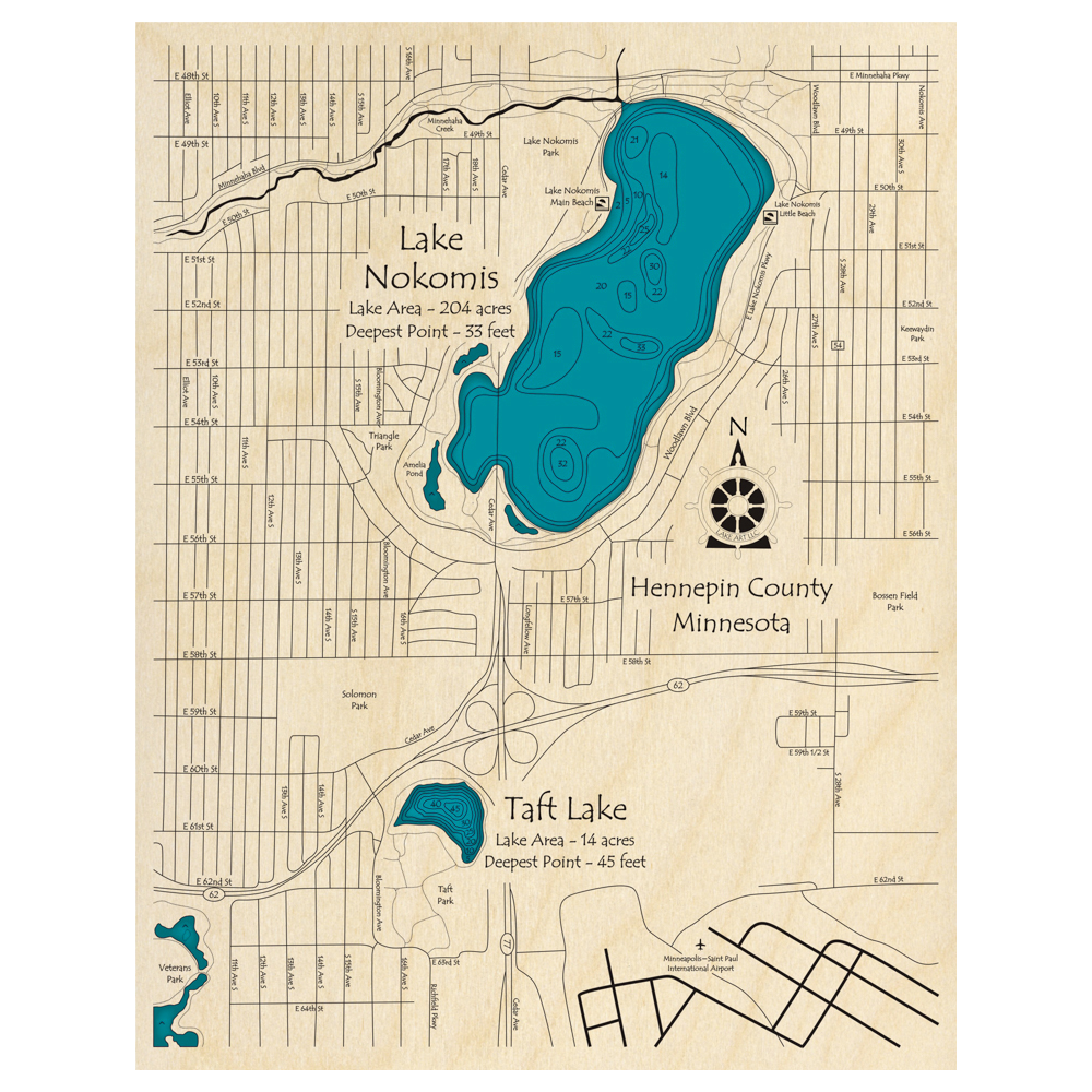 Lake Nokomis with Taft Lake, Minnesota 3D Custom Wood Map – Lake Art LLC