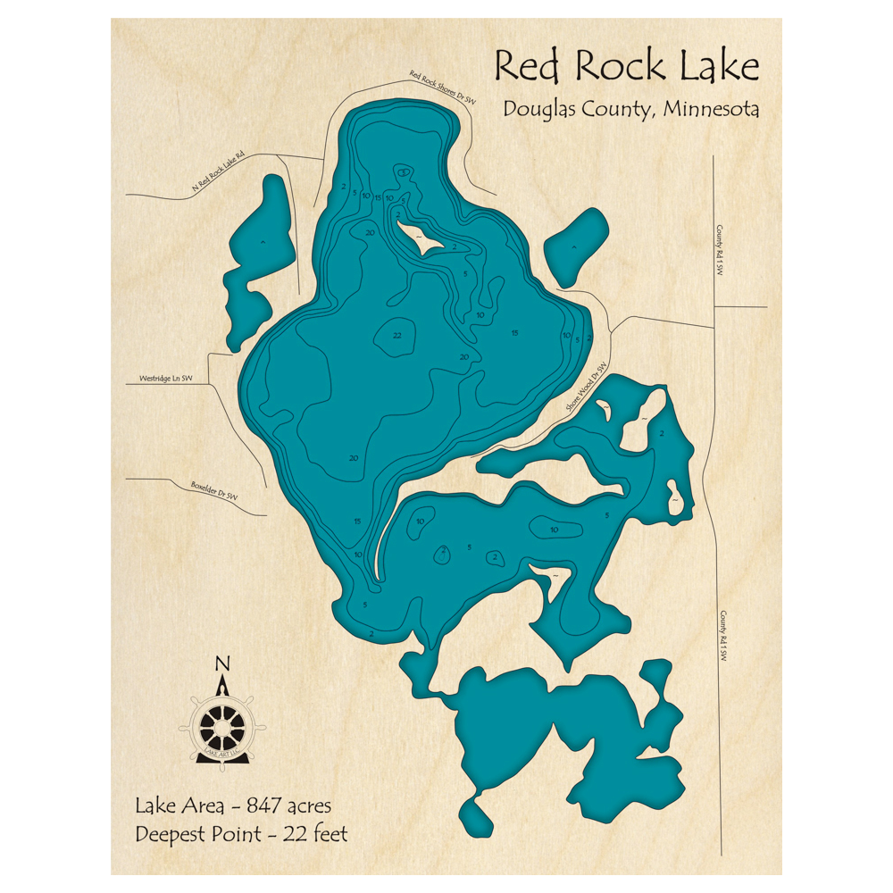 Red Rock Lake, Minnesota 3D Custom Wood Map – Lake Art LLC