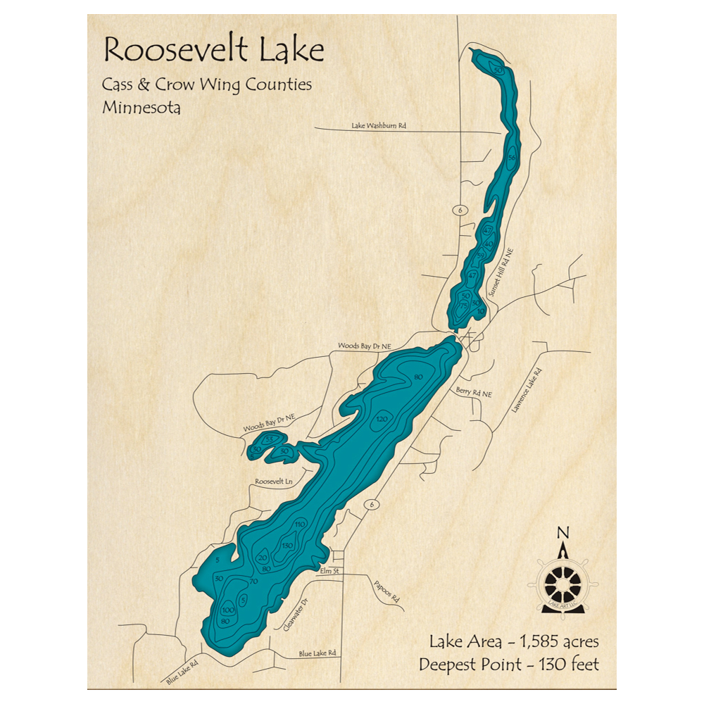 Roosevelt Lake, Minnesota 3D Custom Wood Map – Lake Art LLC