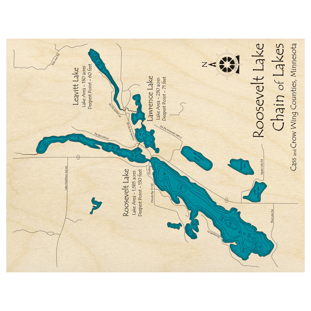 Roosevelt Chain of Lakes, Minnesota 3D Custom Wood Map – Lake Art LLC
