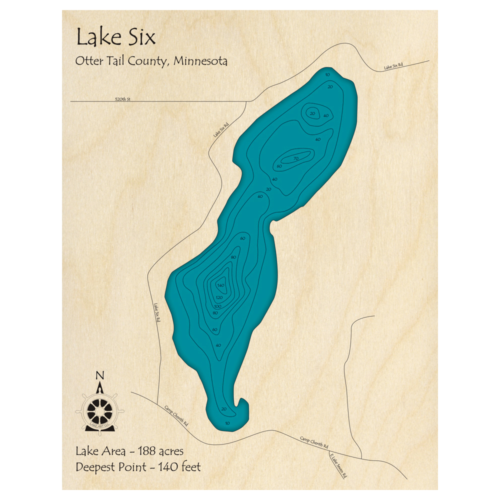 Lake Six, Minnesota 3D Custom Wood Map – Lake Art LLC