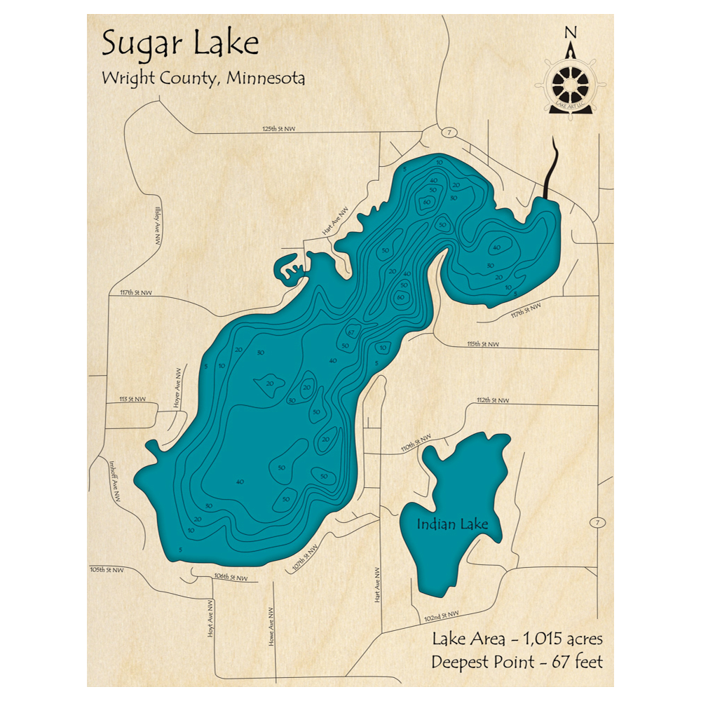Sugar Lake, Minnesota 3D Custom Wood Map – Lake Art LLC