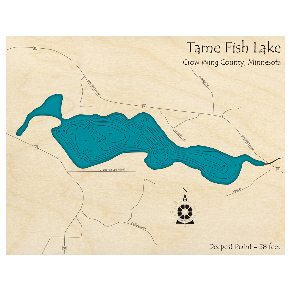 Tame Fish Lake, Minnesota 3D Custom Wood Map – Lake Art LLC