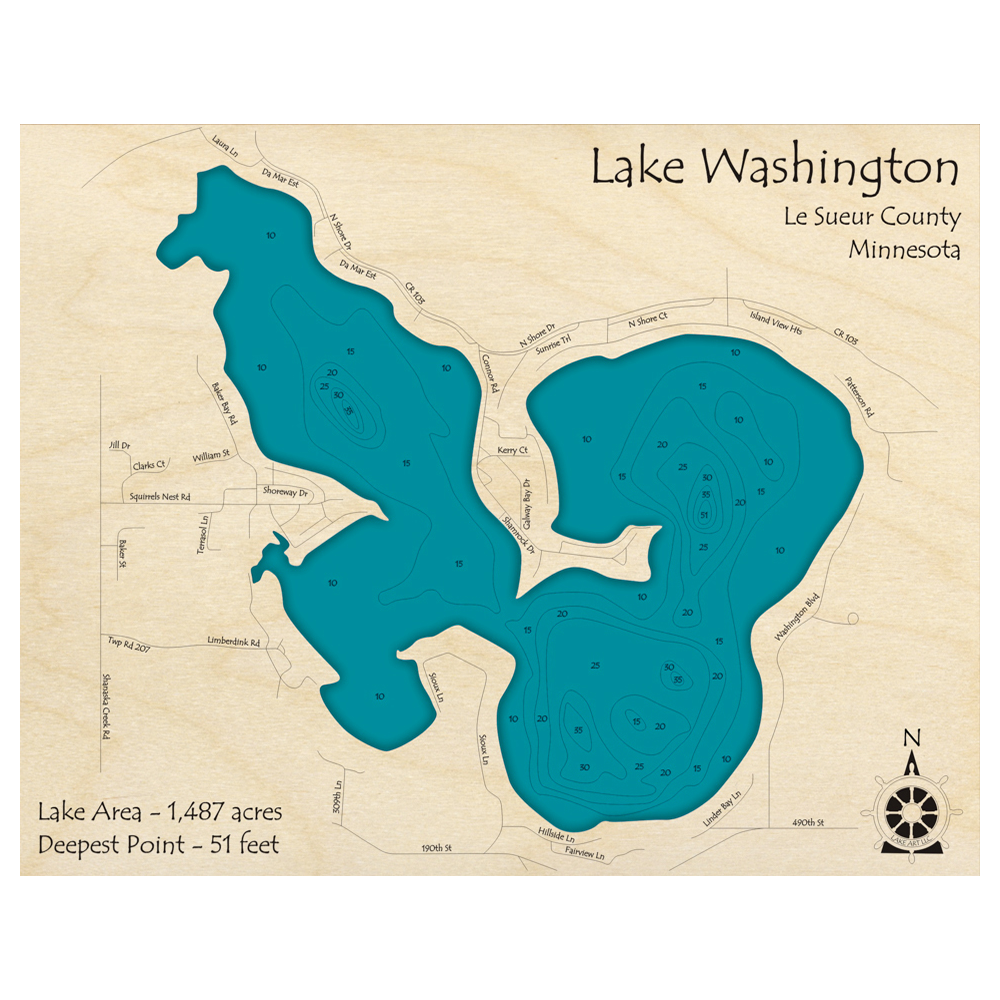 Lake Washington, Minnesota 3D Custom Wood Map – Lake Art LLC