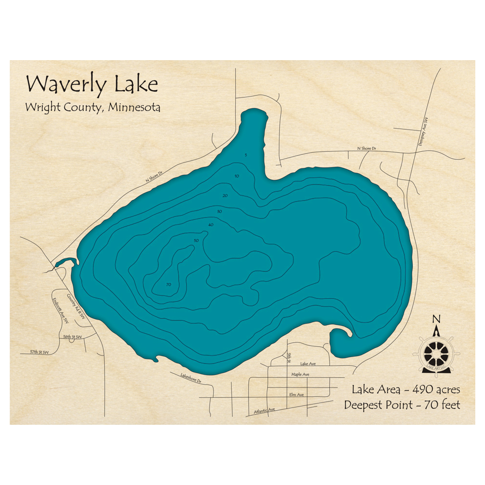 Waverly Lake, Minnesota 3D Custom Wood Map – Lake Art LLC