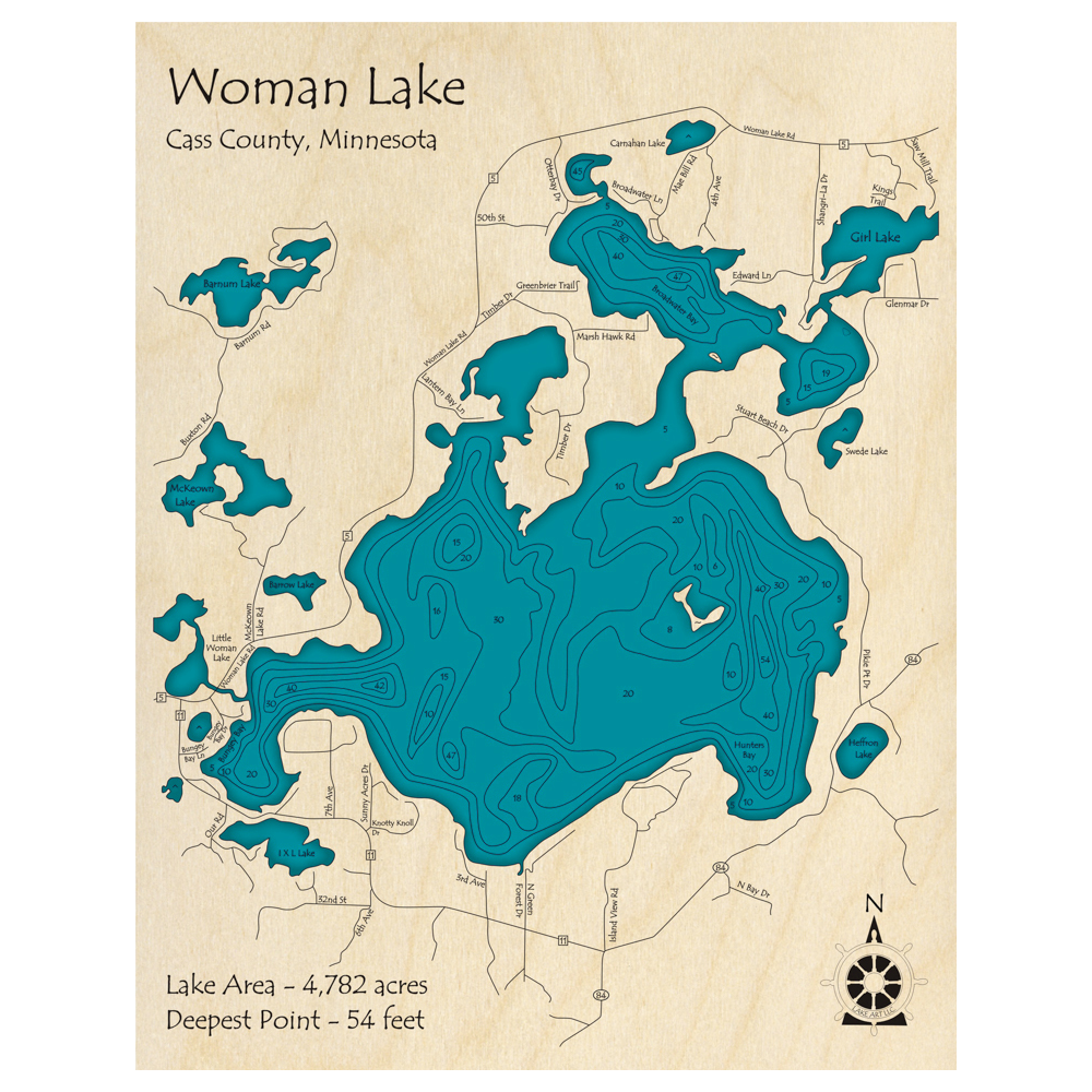 Woman Lake, Minnesota 3D Custom Wood Map – Lake Art LLC