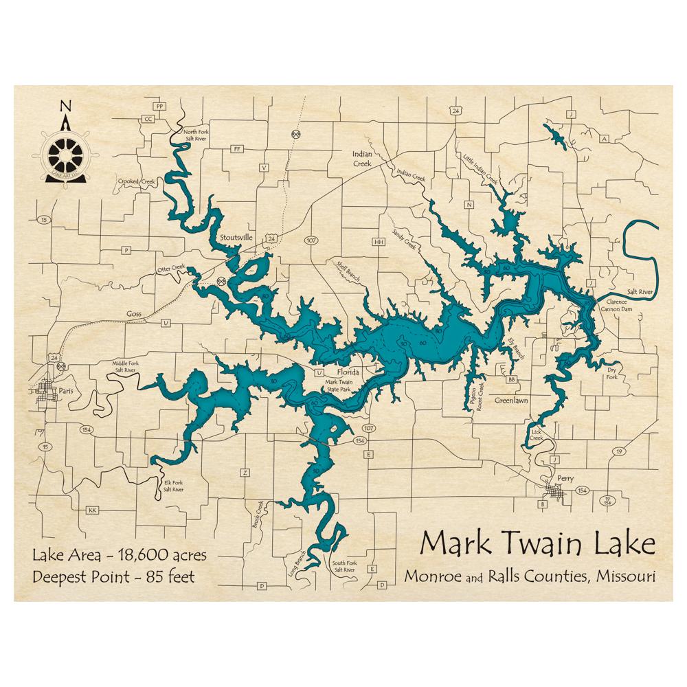Mark Twain Lake, Missouri 3D Custom Wood Map – Lake Art LLC