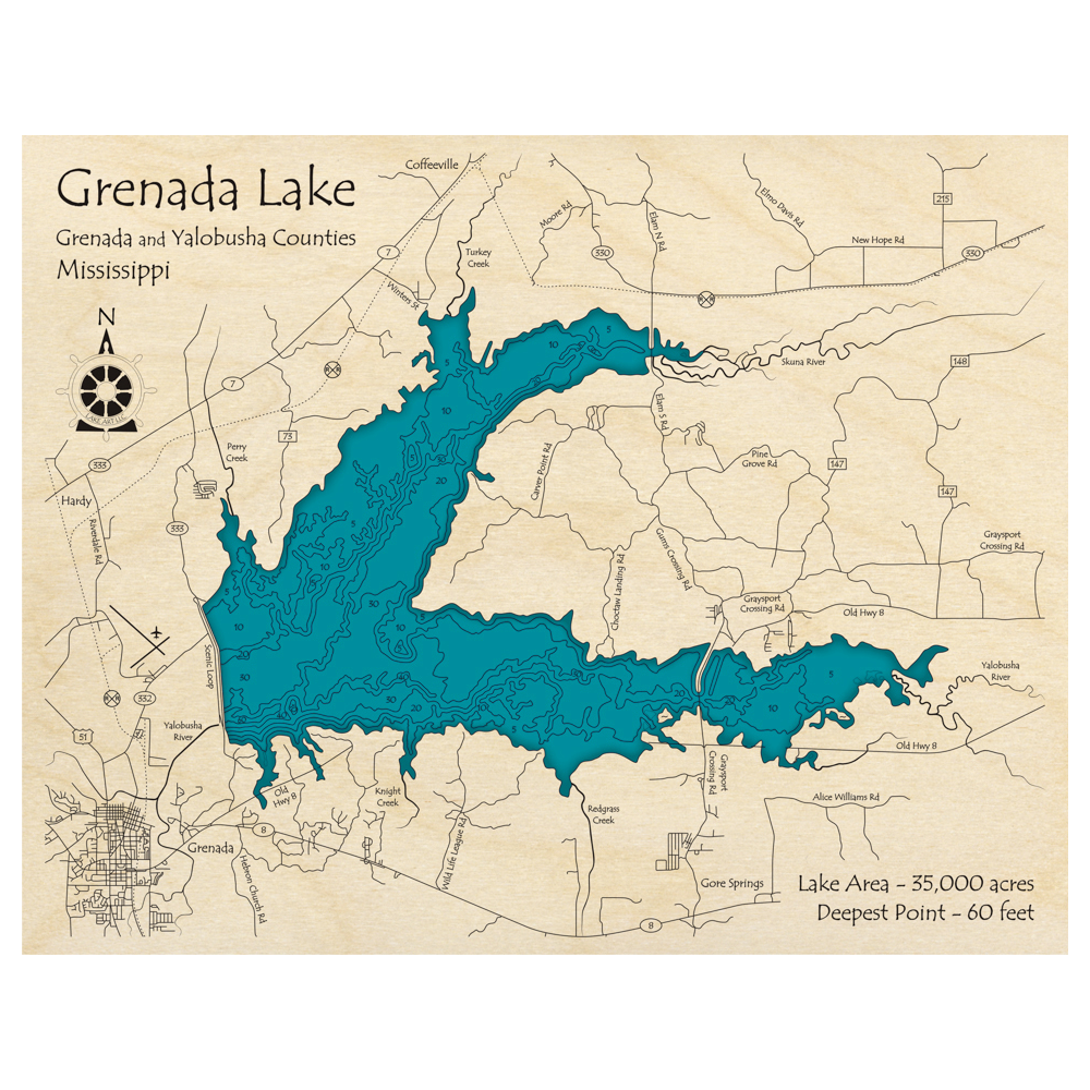Grenada Lake, Mississippi 3D Custom Wood Map – Lake Art LLC
