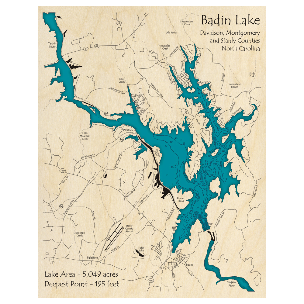 Badin Lake, North Carolina 3D Custom Wood Map – Lake Art LLC